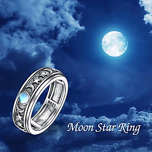 POPLYKE Sterling Silver Anxiety Spinner Rings Moonstone Moon And Star Ring Rotatable Mood Rings for Women Relieve Stress Gift（9 Size）