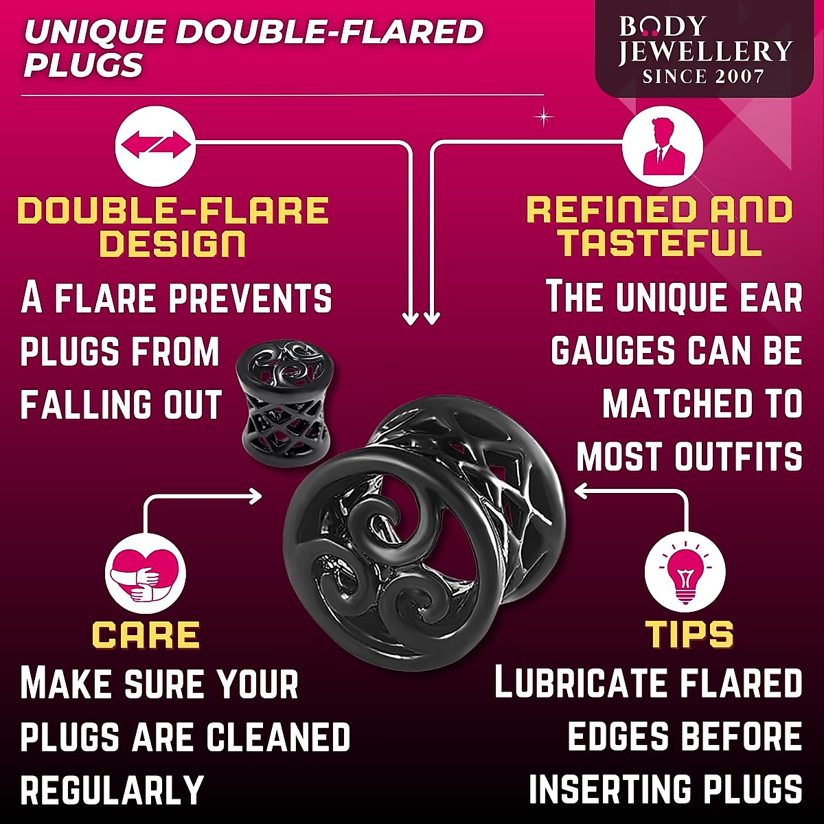 bodyjewellery 00g 00 gauge 10mm Black Double Flare Ear Large Gauge Plugs Flesh Tunnels AFXM Ear Stretchers Piercing BKT003