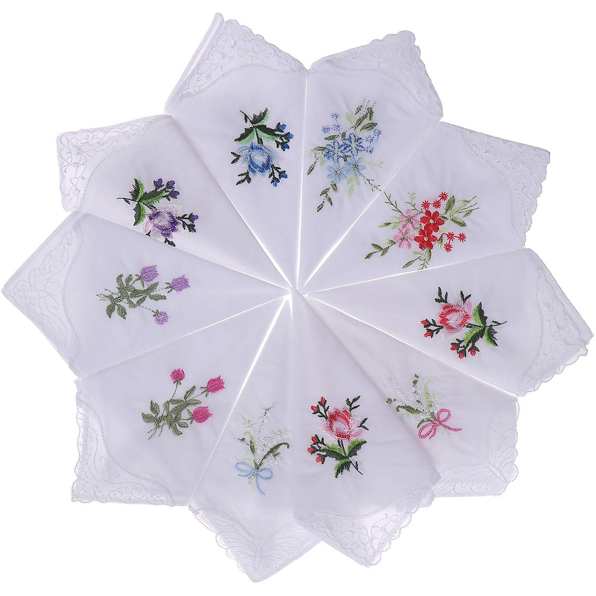Olgaa 20pcs Women Floral Handkerchiefs Vintage Floral Embroidered Cotton Ladies Handkerchiefs, White, 28cmx28cm