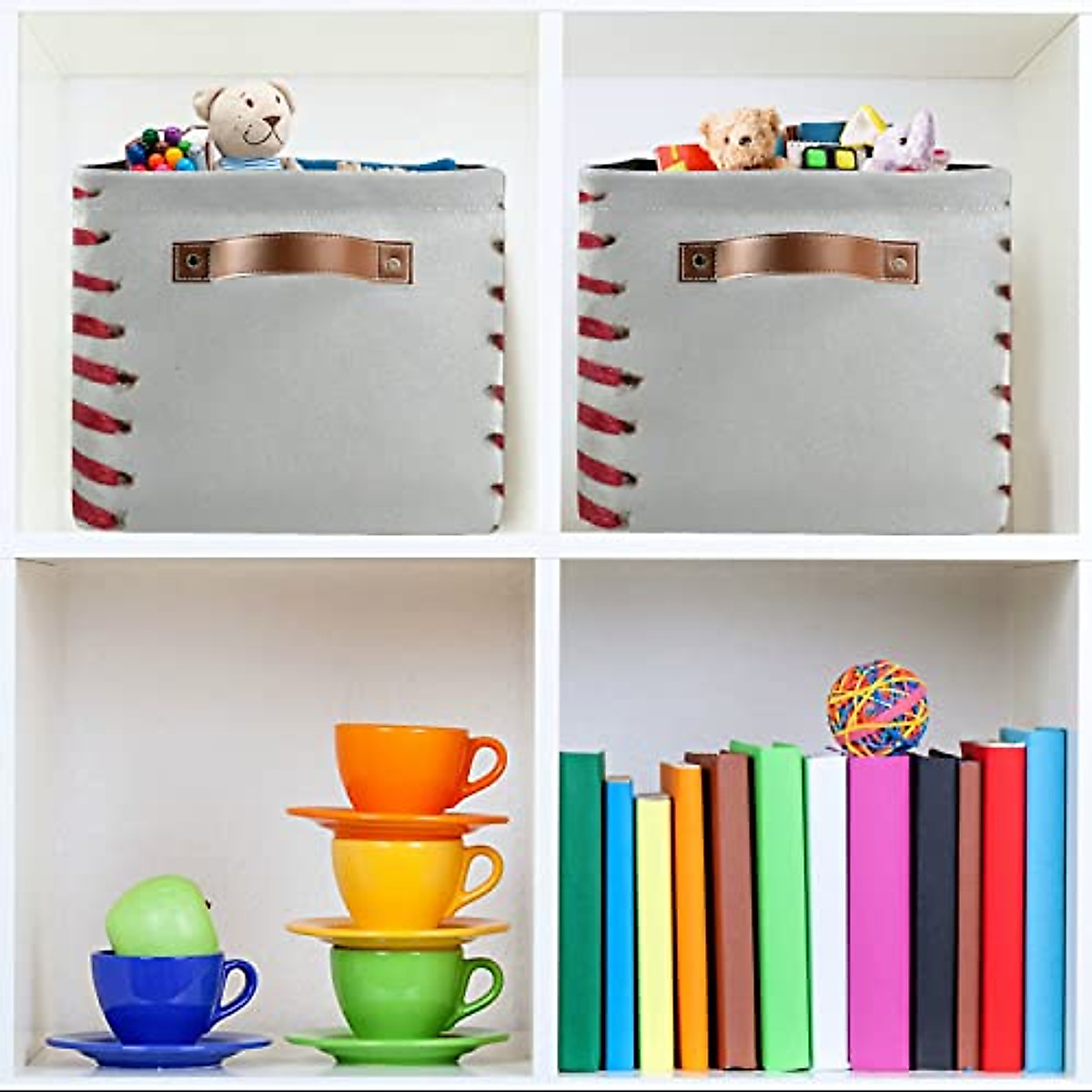 C.IOPMNU Foldable Storage Baskets, Baseball Storage Bins with Handles, Decorative Cloth Organizer Storage Boxes for Home Office 14 x 10 x 8 in