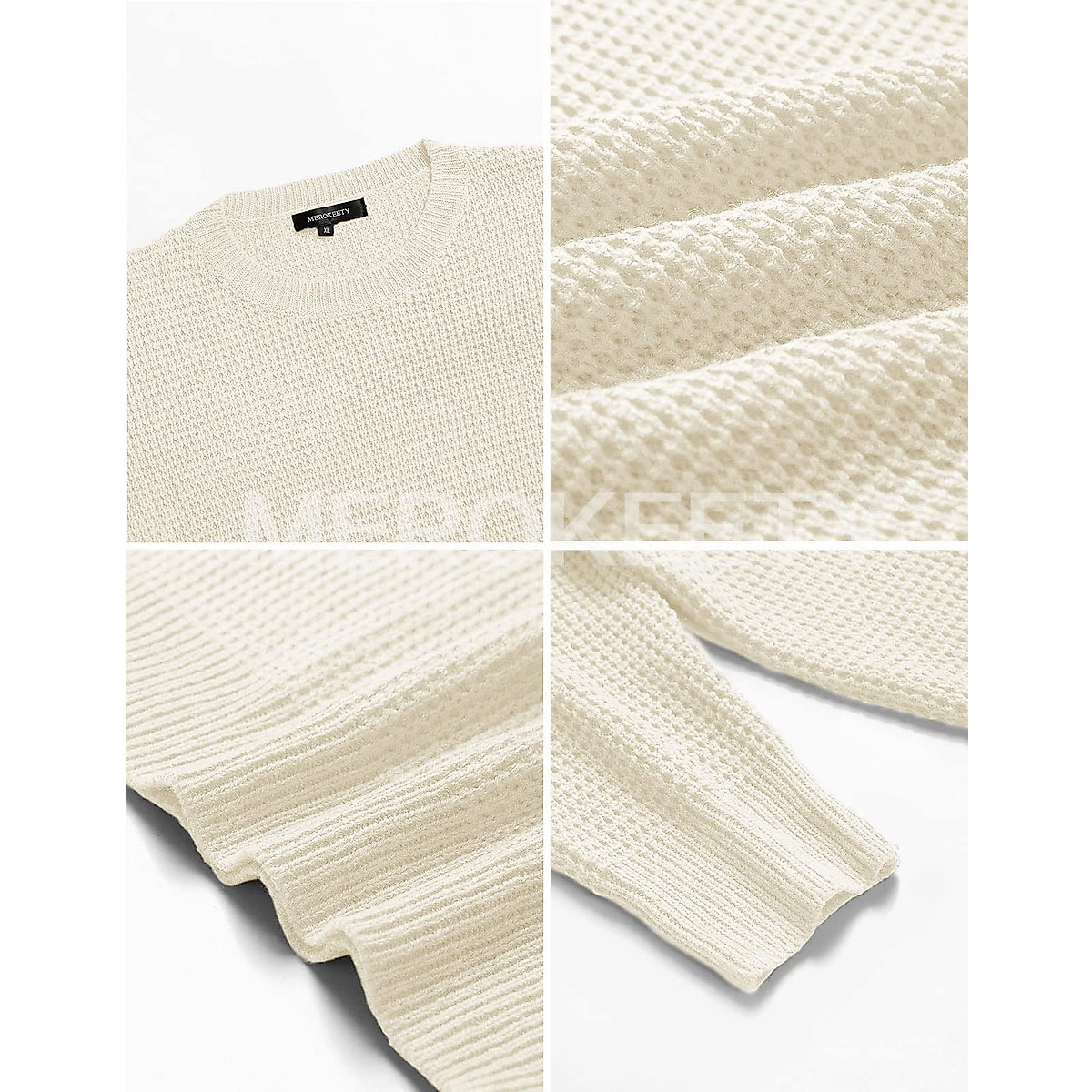 MEROKEETY Women's 2024 Long Sleeve Waffle Knit Sweater Crew Neck Solid Color Pullover Jumper Tops Beige