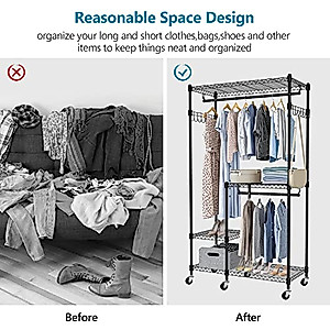 uyoyous 3 Tier Rolling Clothing Rack 73 X 40 Inch Wire Heavy Duty Clothes Rack with Locked Wheels and Side Hooks Rolling Garment Rack Closet Organizer for Bedroom