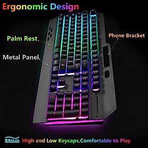 Wireless RGB Backlit Gaming Keyboard and Mouse, Rechargeable, Long Battery Life, Metal Panel Mechanical Feel Keyboard with Palm Rest, 7 Color Mouse and Mouse Pad for Game and Work