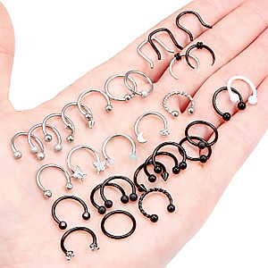Cisyozi 16G Septum Rings Piercing Jewelry Stainless Surgical Steel Horseshoe Dragon Claw Butterfly Moon Septum Nose Nostril Eyebrow Smiley Lip Ring Hoop Piercings Jewelry Women Men Silver Black 10mm