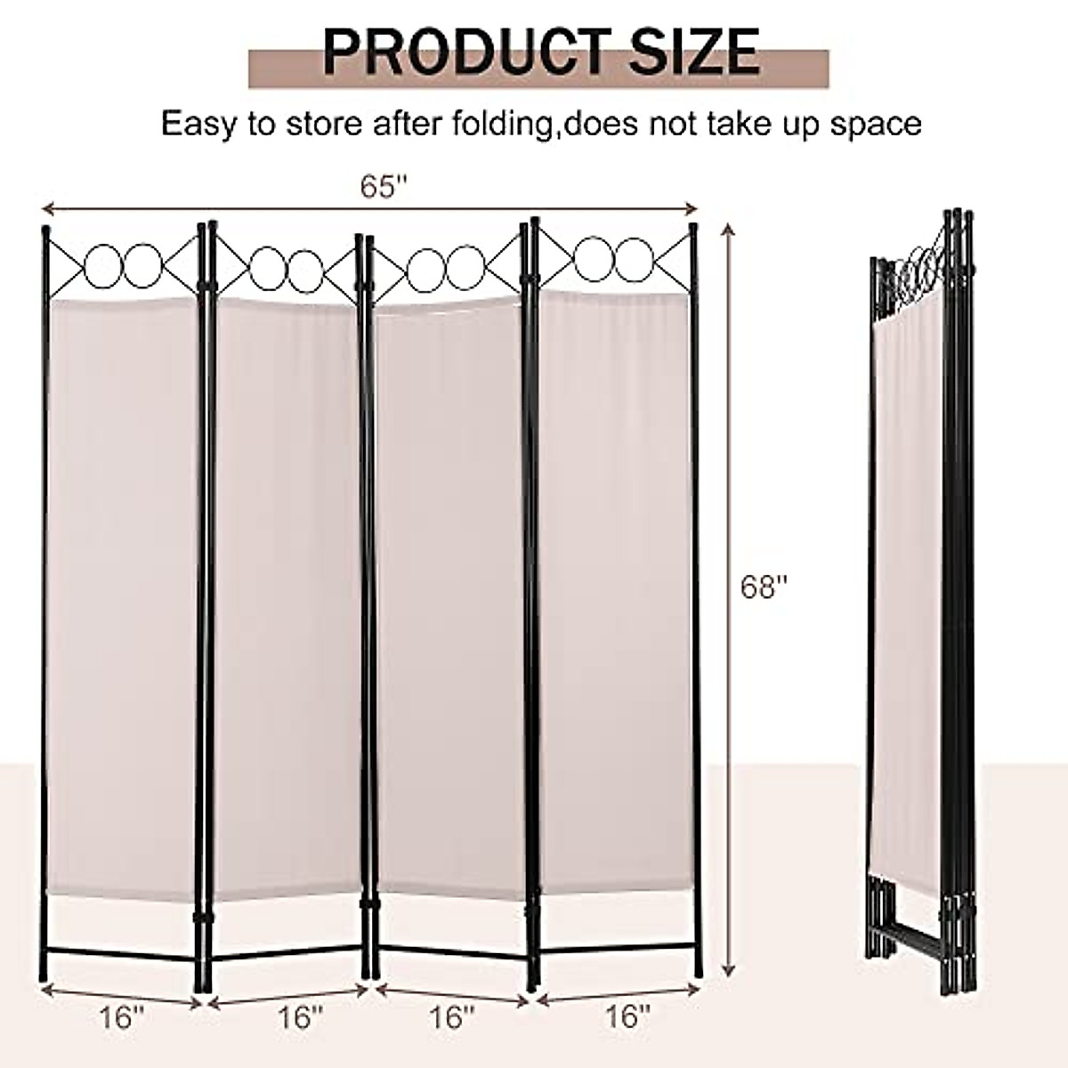 4 Panel 68" H Room Divider Partition Folding Steel Frame Screen Freestanding Privacy Divider Portable Breathable Partition Japanese-Inspired Oriental Shoji Screen Wall Divider for Home Office, Tan