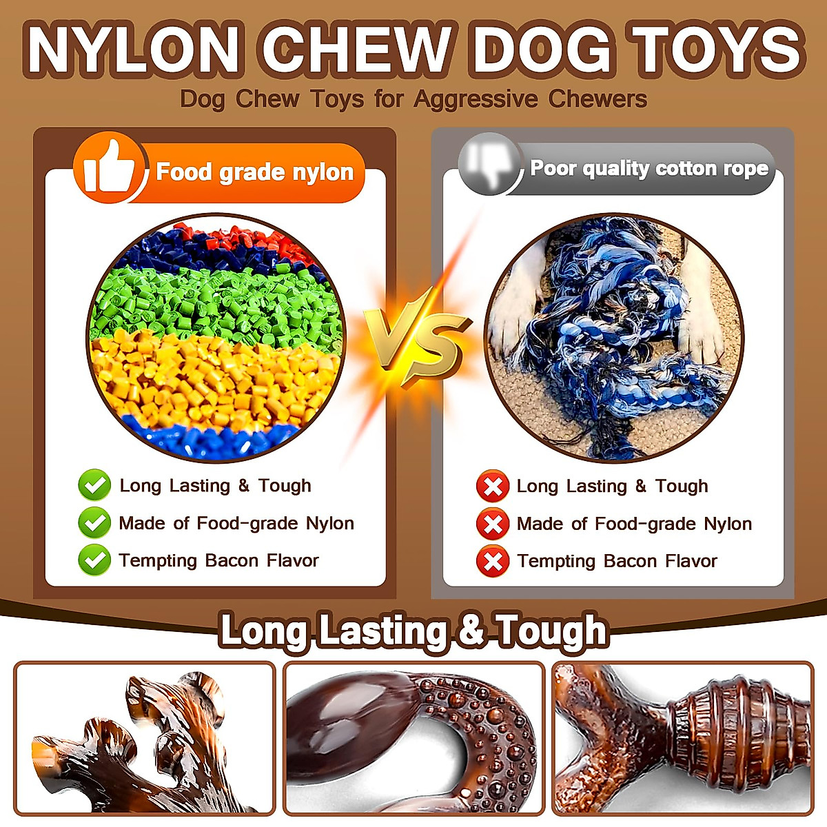 TonyEst Dog Toys, 4-Pack Indestructible Dog Chew Toys for Aggressive Chewers, Nylon Durable Dog Toys for Medium Large Dogs Breed, Bacon Flavored Tough Dog Bones Chew Toys for Super Chewer