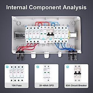 OELFFOW DC1000V 32A PV Combiner Box with 15A Rated Current Fuse, 63A Circuit Breaker, 20kA Surge Protective Device for Solar Panel System, IP65 Waterproof 4 String Grey Junction Box 4 in 1 Out