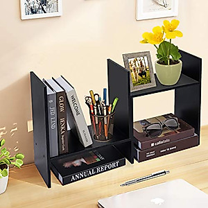 Hossejoy Adjustable Desktop Bookshelf Office Organizer Desk Storage Organizer Display Shelf Rack, Counter Top Bookcase, Black