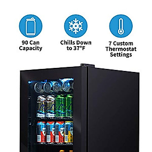 NewAir Beverage Refrigerator Cooler with 90 Can Capacity - Mini Bar Beer Fridge with Right Hinge Glass Door - Cools to 34F - AB-850B - Black