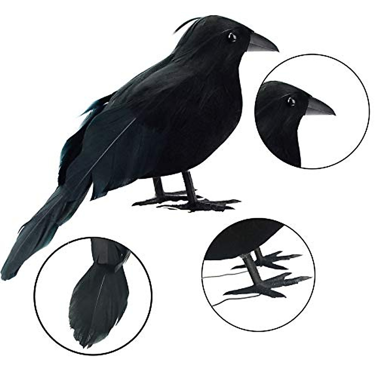 Realistic Crow, 6 PCS Halloween Black Feathered Crow Decoys Ravens Outdoor Halloween Decorations Props Décor, Standing Flying Birds for Tree Haunted House Graveyard Tombstone Display