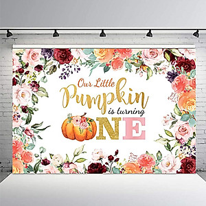 MEHOFOTO Fall Pumpkin Girl Birthday Party Photo Background Banner Autumn Floral Our Little Pumpkin Princess Happy 1st Birthday Pink Gold Backdrops Props for Cake Table Supplies 5x3ft
