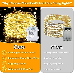 Mlambert 3 Pack 33FT Fairy String Lights Battery Operated with Remote and Timer, 100 LED Dimmable Waterproof Silver Wire 8 Modes Twinkle Lighting for Bedroom Indoor Outdoor Christmas Decor-Warm White