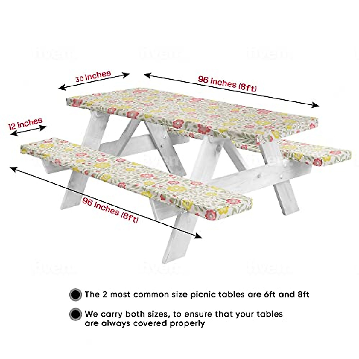 LINPRO 8ft Fitted Picnic Table Cover with Bench Covers. Vinyl Outdoor Camping Picnic Tablecloth, 3 Piece Set Camping Gear. Waterproof, Stain Resistant, Reusable. Flannel Backing with Elastic Edges.96