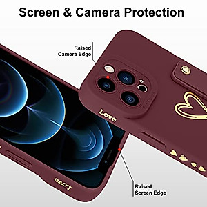 Fiyart Designed for iPhone 12 Pro Max Case with Phone Stand Holder Cute Love Hearts Protective Camera Protection Cover with Wrist Strap for Women Girls for iPhone 12 Pro Max 6.7"-Wine Red