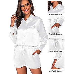SWOMOG Women's Silk Lounge Sets 2 Piece Outfit Pajama Set Satin Button Down Tops Summer Silk Long Sleeve Shirts with Pocket White