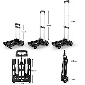 Folding Hand Truck, BOQZ Luggage Cart with Elastic Bungee Rope 4 Wheels Solid Construction Portable Fold Up Dolly Compact Lightweight Utility Cart for Luggage Travel Shopping Moving Office Use