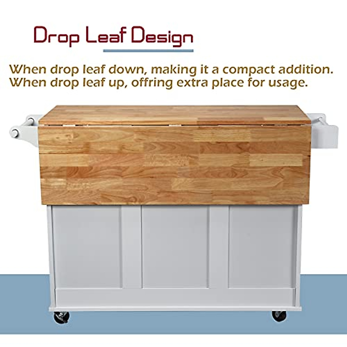 GLACER Kitchen Island Cart on Wheels, Rolling Kitchen Island with Drop Leaf Top, Kitchen Trolley Cart with Drawers, Towel Rack & Bottle Rack, 53.5 x 30 x 36 inches (White)