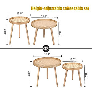 Round Coffee Table Set of 2, Natural Boho Coffee Table, Small Mid Century Modern Rattan Coffee Table, Boho Side Table End Tables for Living Room Bedroom Office Balcony