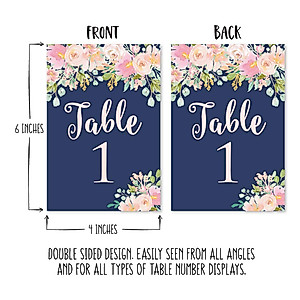 1-25 Navy Blush Floral Table Number Double Sided Signs For Wedding Reception, Restaurant, Birthday Event, Calligraphy Printed Numbered Card Centerpiece Decoration Setting Reusable Frame Stand 4x6 Size