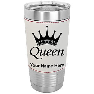 LaserGram 20oz Vacuum Insulated Tumbler Mug, Queen Crown, Personalized Engraving Included (Faux Leather, Baseball Style)
