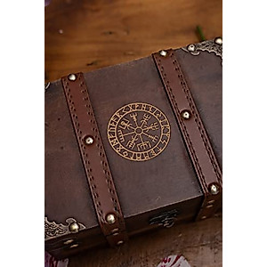 Gbrand 8.3" Wood and Leather The Runic Viking Compass Chest Box, Vegvisir Engraved Wooden Treasure Box with Velvet Lining, Vintage Tarot Box (Box Only)