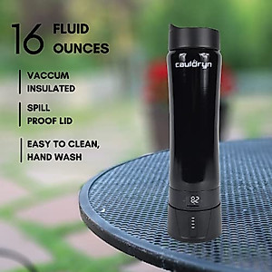 Cauldryn Coffee Temperature Control Travel Coffee Mug and Desktop Warmer, Smartphone via Bluetooth Control, Long Lasting Battery Powered Heated Portable Smart Mug, Stainless Steel, 16 oz, Black