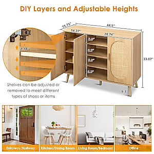 DESIGNSCAPE3D Modern Rattan Shoe Storage Cabinet with Adjustable Shelves - Stylish Furniture and Decor for Living Room, Bedroom, and Hallway