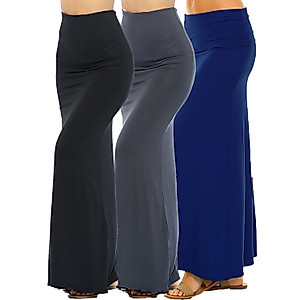 Isaac Liev Women's Pack of 3 Maxi Skirts for Women – Long Flowy Skirt Banded High Waist Band – 0013 BLK, DK GRAY, NV L