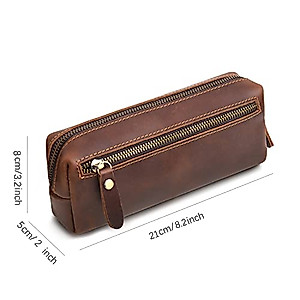 WONDERPOOL Pen Case Real Leather Pencil Pouch Markers Holder Big Capacity Bag with Side Zippered Pocket Sleeve for Stationery Makeup Utensils Organizer (Coffee)