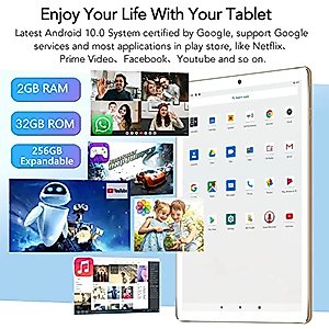 POWMUS 10 Inch Tablet Android 10 Phone Tablet, Tablet with Dual SIM, 32GB Quad Core, IPS Touchscreen, 8MP Rear Camera WiFi GPS Bluetooth USB C, Support 3G Phone Call, Include Tablet Leather Case