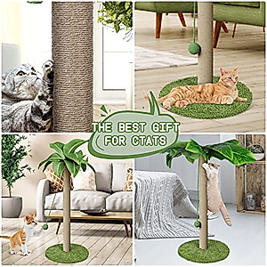 Kphico Cat Scratching Post for Indoor Cats,33.5" Tall Large Cat Scratching Post with Natural Sisal Rope,Kitten Scratcher with Simulated Leaves & Hanging Ball,Send 1 Cat Teasing Stick and 2 Catnip