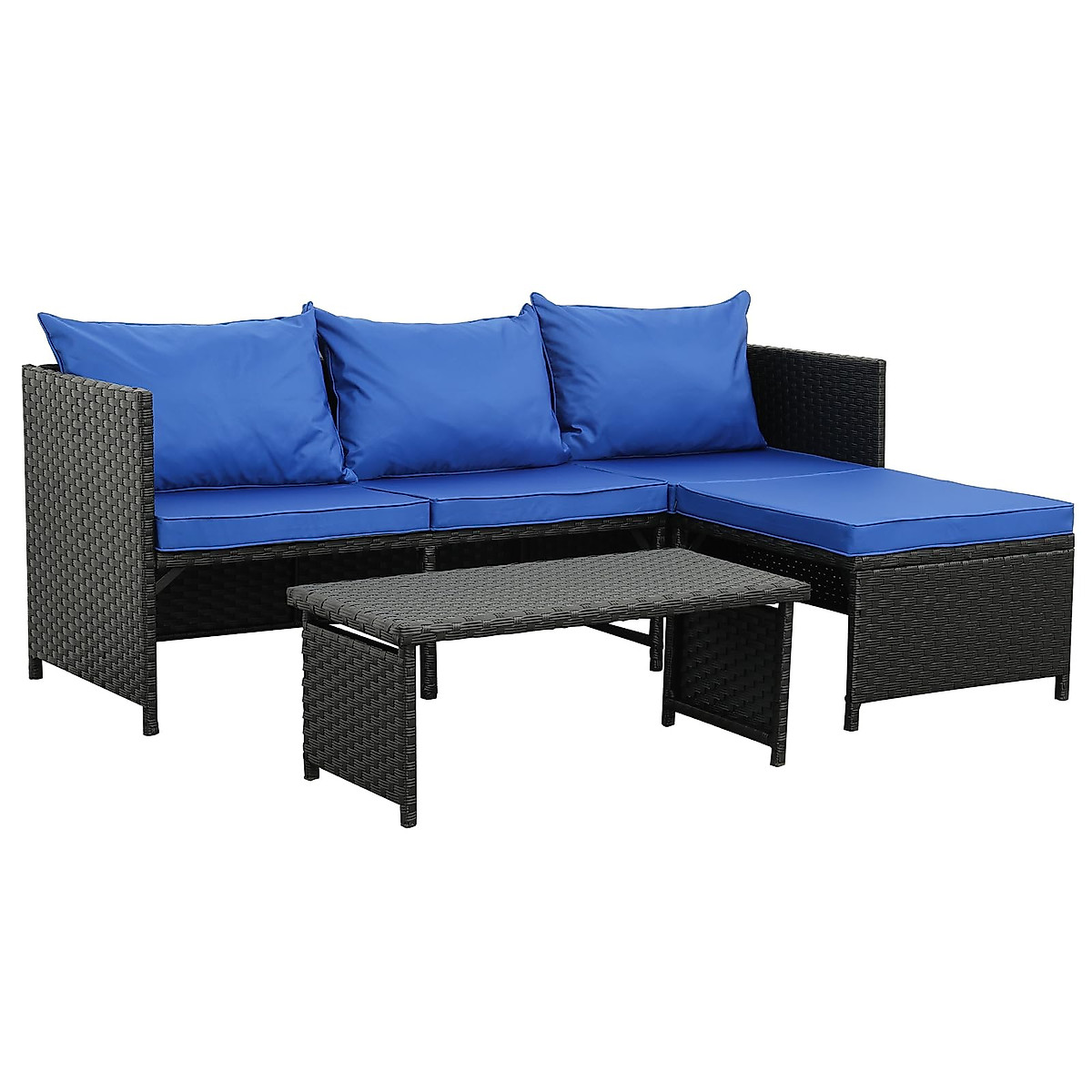 Valita 3-Piece Outdoor PE Rattan Furniture Set Patio Black Wicker Conversation Loveseat Sofa Sectional Couch Royal Blue Cushion