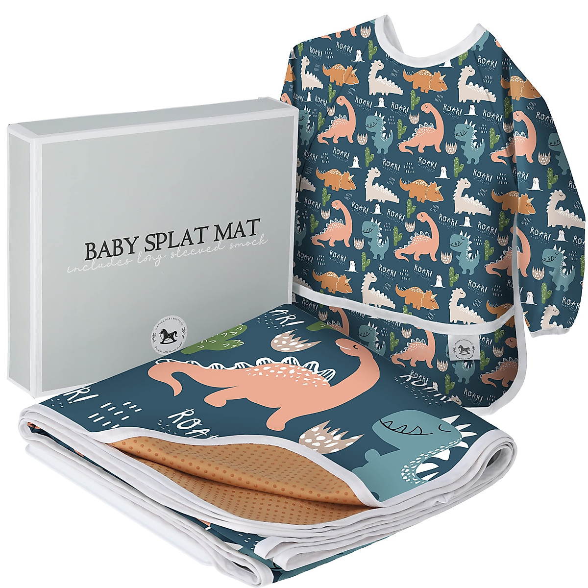 Baby Splat Mat for Under High Chair Floor Mat - Splash Mat, Waterproof Floor Mat - Anti Slip, Washable, Extra Large (51 Inch) + Baby Bib with Sleeves - Dinosaur