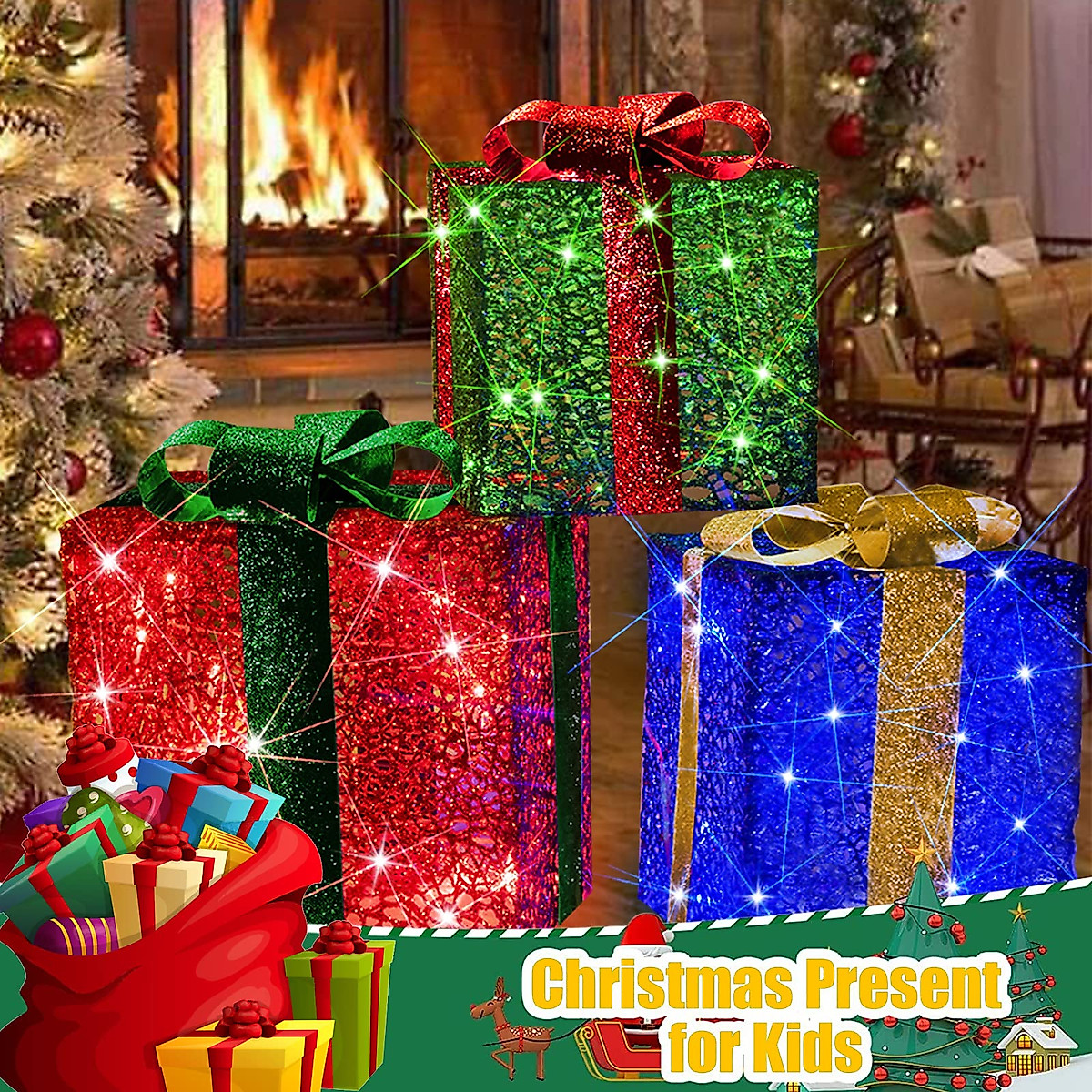 Christmas Lighted Present Boxes Decorations, Plug-in Warm White 70 LED Light Up Gift Boxes Outdoor Indoor for Xmas Tree Yard Home Holiday