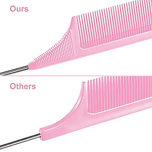 3 Packs Rat Tail Comb Steel Pin Rat Tail Carbon Fiber Heat Resistant Teasing Combs with Stainless Steel Pintail (Pink)