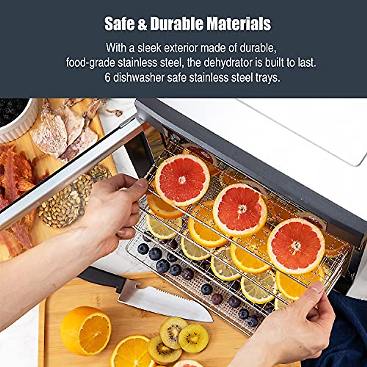 Electric Countertop Food Dehydrator Machine - 600-Watt Premium Multi-Tier Meat Beef Jerky Maker Fruit/Vegetable Dryer w/ 6 Stainless Steel Trays, Digital Timer, Temperature Control - NutriChef