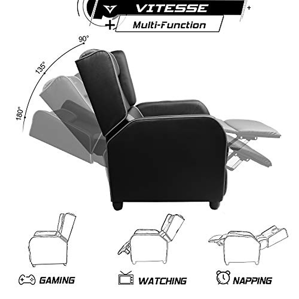 VITESSE Gaming Recliner Chair Racing Style Single PU Leather Sofa Modern Living Room Recliners Ergonomic Comfortable Home Theater Seating, Grey