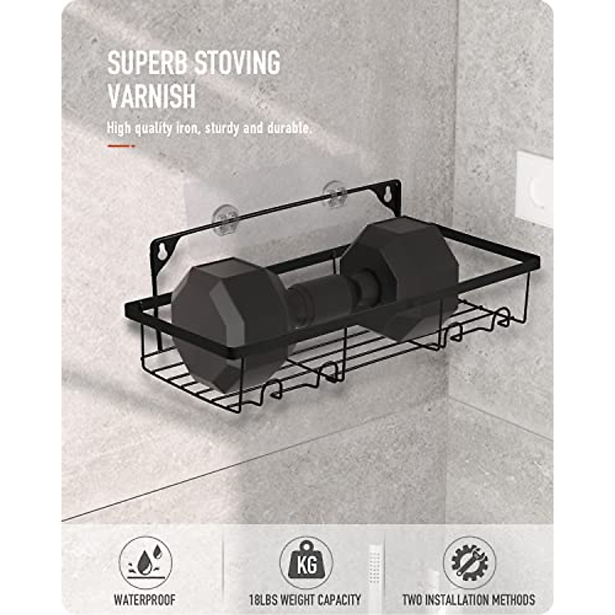 Baffect Shower Caddy, 5-Pack Non-marking Self Adhesive Shower Shelves, Black Bathroom Shower Caddy Shelf with Hooks Bathroom Essentials