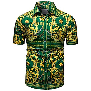 fohemr Mens Gold Chain Dress Shirts Luxury Short Sleeve Baroque Print Casual Button Down Design Buchona Shirts Green XX-Large