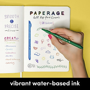 PAPERAGE Felt Tip Fine Line Marker Pens (0.4 mm Metal Pen Nib), 18 Pack Pen Set for Bullet Style Journals, Notebooks, Planners, Calendars, Notes & Coloring - Use at Home, Office, School