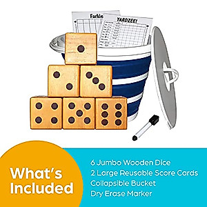 Jungle Gym Kingdom Yardzee & Yard Farkle Giant Wooden 6 Dice Set for Outdoor Fun Lawn Games Picnic Barbeque Party Tailgaiting & Special Events with Collapsible Bucket & Lid Scorecards & Markers - Blue