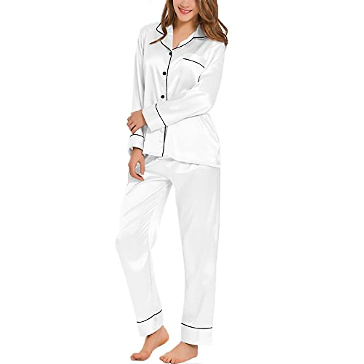 SWOMOG Womens Silk Satin Pajamas Set Long Sleeve Loungewear 2 Pieces Sleepwear Button-Down Pj Set White