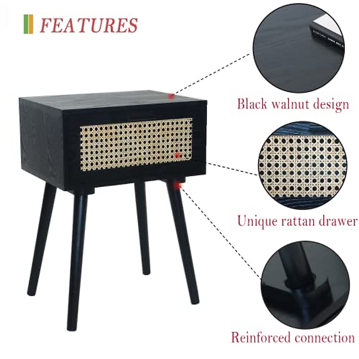 AWASEN Mid Century Nightstand with Drawer, Rattan Side Table for Living Room, Bedroom and Small Space, Solid Wood Legs & Natural Rattan Bedside Table, Easy Assembly (Black)