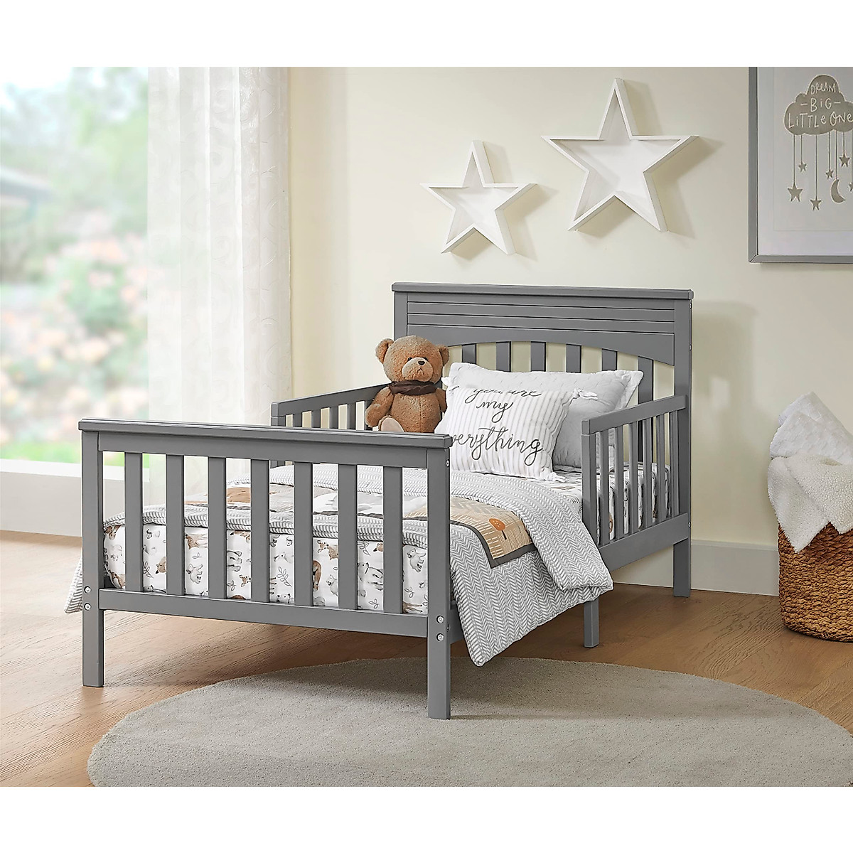 Oxford Baby Harper Wood Frame Toddler Bed with Guardrails and Flat-Top -Headboard, Dove Gray