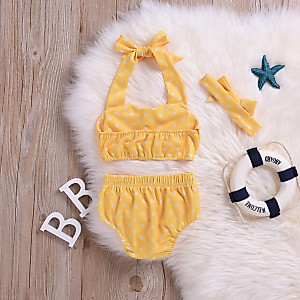 Baby Girl Bikini,Kids Toddler Polka Dot Swimsuits Halter Swimwear Bikinis Set with Headband (Yellow, 3-6 Months)