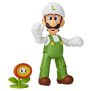 Super Mario Action Figure 4 Inch Fire Luigi Collectible Toy with Fire Flower Accessory