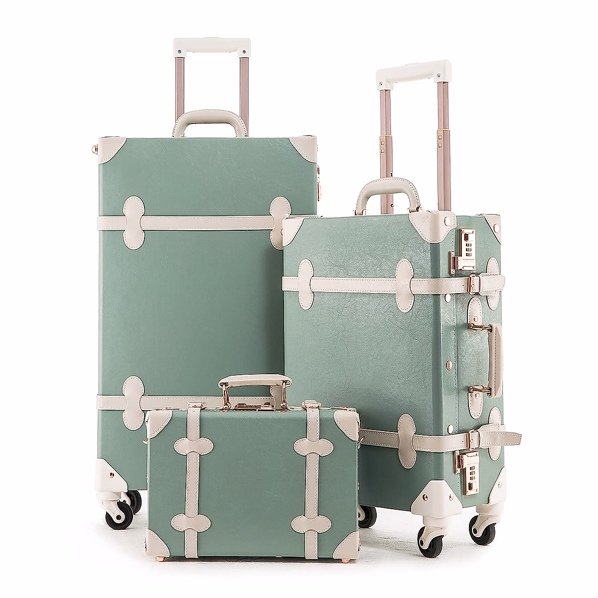 Unitravel 3 Piece Vintage Combination Suitcase Set, Hard Shell Retro Travel Trunk Luggage with Train Bag for Women (Matcha Green, 26"+20"+12")