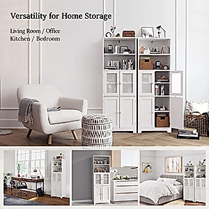 VINGLI 64" Tall Storage Cabinet Bathroom Linen Closet Storage Tower White Organizer Home Decor with 2 Open Shelves 2 Cabinets Glass Doors for Kitchen Living Room Bedroom Laundry Room Entryway Office