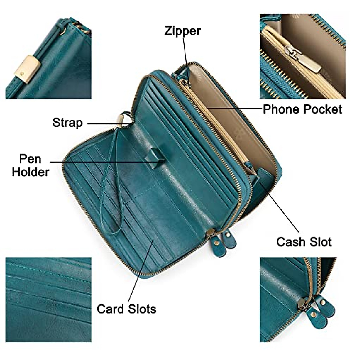 SENDEFN Leather Women Wallet RFID Blocking Zipper Around Phone Holder Clutch Wristlet Large Capacity