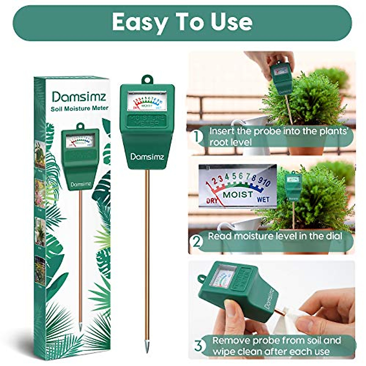 Damsimz Soil Moisture Meter, Plant Moisture Meter, Plant Water Meter Hydrometer for Plants Care, Gardening, Farming, Indoor & Outdoor Plants (No Battery Needed) Green